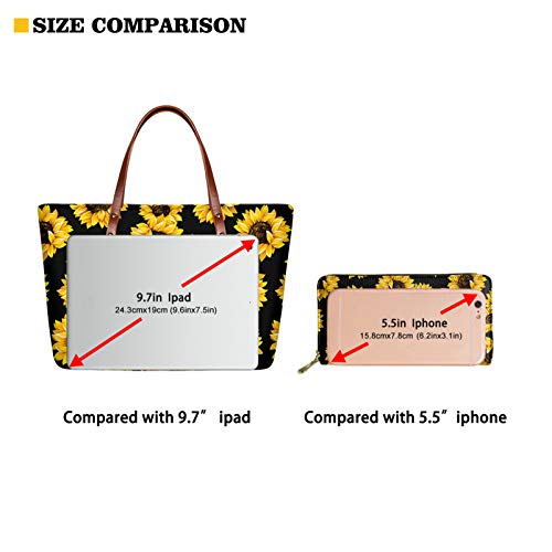 Yiekeluo 2 Pcs Set Sunflower Butterfly Design Womens Tote Bag Top Handle Shoulder Purse with Long Leather Wallet Zipper Closure Gifts for Women Ladies