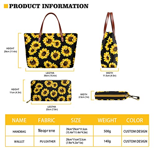 Yiekeluo 2 Pcs Set Sunflower Butterfly Design Womens Tote Bag Top Handle Shoulder Purse with Long Leather Wallet Zipper Closure Gifts for Women Ladies