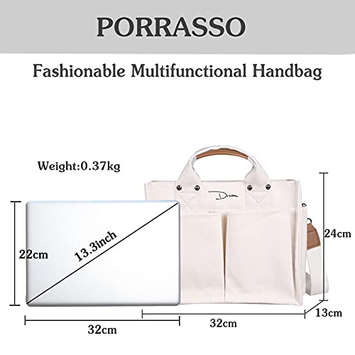 PORRASSO Women Shoulder Bag Casual Handbag Ladies Large Crossbody Bag Canvas Tote Bag for Travel School Shopping Daily Use White