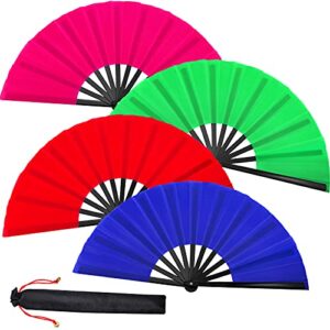 4 pieces large folding fan silk hand fan chinese japanese kung fu tai chi handheld fan folding dancing prop craft fan for men women festival wedding party (royal blue, rose red, green, red)