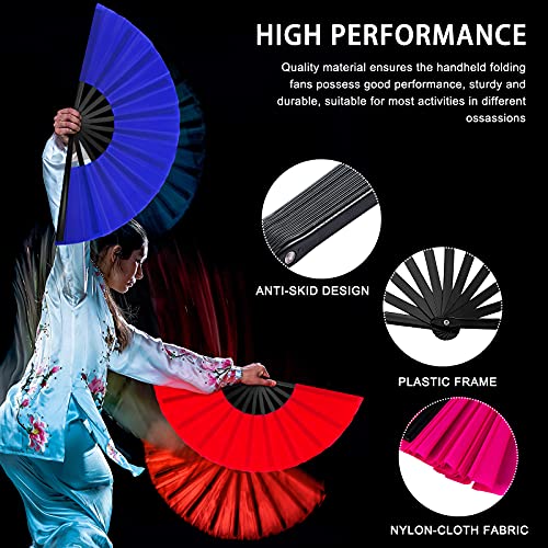 4 Pieces Large Folding Fan Silk Hand Fan Chinese Japanese Kung Fu Tai Chi Handheld Fan Folding Dancing Prop Craft Fan for Men Women Festival Wedding Party (Royal Blue, Rose Red, Green, Red)