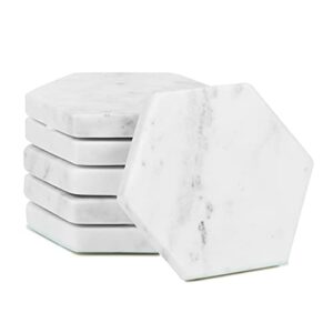 lavaux designs – set of 6 hexagon marble coasters | white decor for modern homes | drink coasters for coffee table, dining, bar or office| made from 100% solid real marble | cute stone coasters