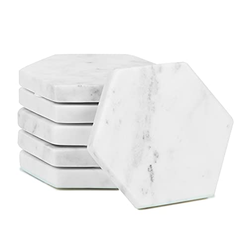 Lavaux Designs – Set of 6 Hexagon Marble Coasters | White Decor for Modern Homes | Drink Coasters for Coffee Table, Dining, Bar or Office| Made from 100% Solid Real Marble | Cute Stone Coasters