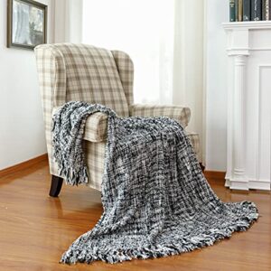 soft textured rustic blanket throw with tassel, multi-color knitted cozy farmhouse throw blanket for couch sofa chair bed office home décor, black white grey, 50″ x 60″