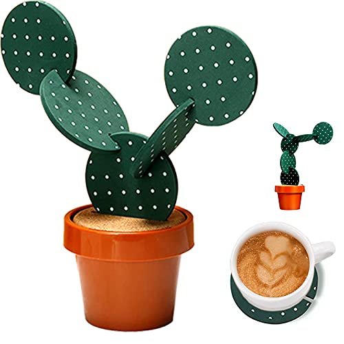 Cactus Coasters Set for Drinks of 6 Pieces,Funny Coasters Cactus Gift with Flowerpot Holder for Home Office Bar Decor