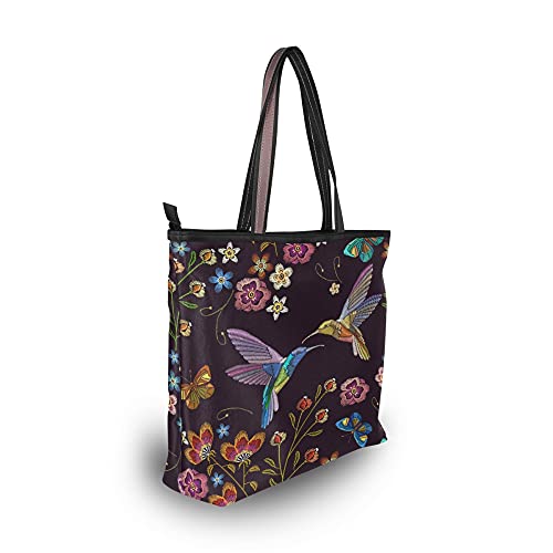 linqin Womens Tote Bags Humming Bird And Tropical Flowers Embroidery Top Handle Satchel Work Handbags