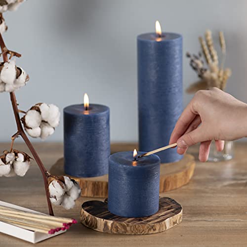 CANDWAX Assorted Candles Pillar - Set of 3 Rustic Pillar Candles Includes 3", 4" and 8" Unscented Candles - Long Burning Candles Ideal as Wedding Candles and Candles for Home - Dark Blue Candles