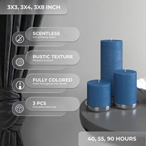 CANDWAX Assorted Candles Pillar - Set of 3 Rustic Pillar Candles Includes 3", 4" and 8" Unscented Candles - Long Burning Candles Ideal as Wedding Candles and Candles for Home - Dark Blue Candles