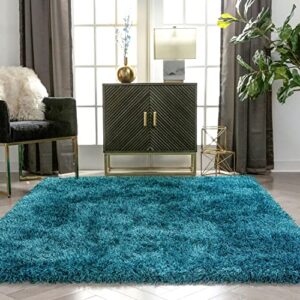 Well Woven Kuki Shag Chie Glam Solid Ultra-Soft Teal Shag 5'3" x 7'3" Area Rug