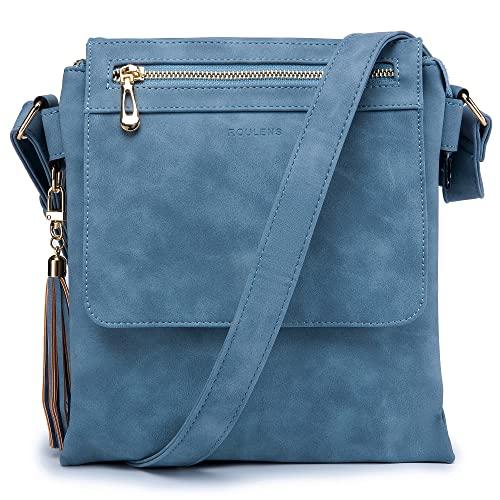 Roulens Women Leather Crossbody Purse Double Compartment Large Flapover Lightweight Medium Crossbody Bag with Tassel