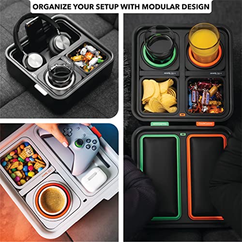 CouchConsole Original Cup Holder Tray - Drinks & Snacks Sofa Caddy with Armrest, Table with Phone Stand- TV Remote Control Storage and Organizer - for Living Rooms, RV, and Cars, Black/Orange