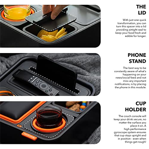 CouchConsole Original Cup Holder Tray - Drinks & Snacks Sofa Caddy with Armrest, Table with Phone Stand- TV Remote Control Storage and Organizer - for Living Rooms, RV, and Cars, Black/Orange