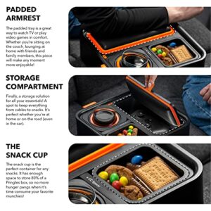 CouchConsole Original Cup Holder Tray - Drinks & Snacks Sofa Caddy with Armrest, Table with Phone Stand- TV Remote Control Storage and Organizer - for Living Rooms, RV, and Cars, Black/Orange