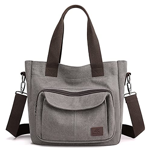 Women's Canvas Top Handle Handbag Stylish Multi-pocket Shoulder Tote Purse Work Crossbody Bags (Grey) One Size