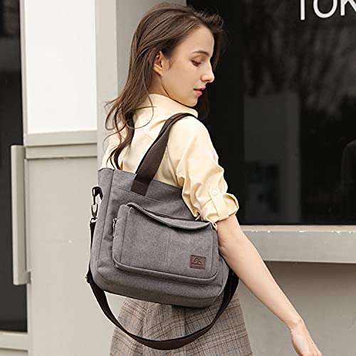 Women's Canvas Top Handle Handbag Stylish Multi-pocket Shoulder Tote Purse Work Crossbody Bags (Grey) One Size