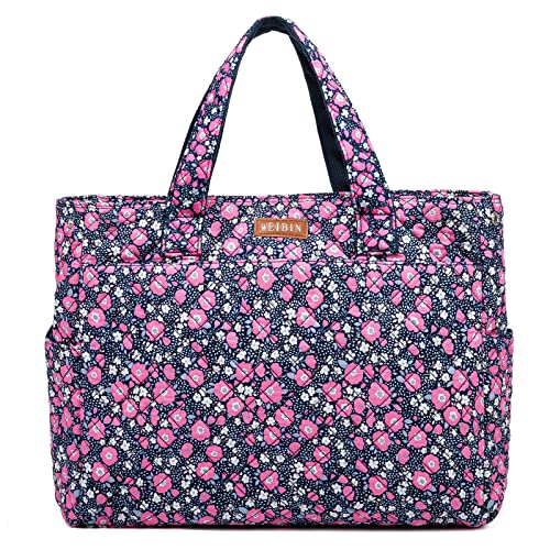 WEIBIN Large Tote Bag for Women, Lightweight Floral Quilted Cotton Handbags with 7 Pockets for Hiking Picnic Shopping Travel Gym Weekend Daily Bags, Dark Blue