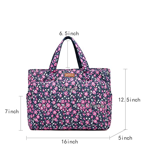 WEIBIN Large Tote Bag for Women, Lightweight Floral Quilted Cotton Handbags with 7 Pockets for Hiking Picnic Shopping Travel Gym Weekend Daily Bags, Dark Blue