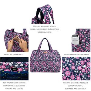 WEIBIN Large Tote Bag for Women, Lightweight Floral Quilted Cotton Handbags with 7 Pockets for Hiking Picnic Shopping Travel Gym Weekend Daily Bags, Dark Blue