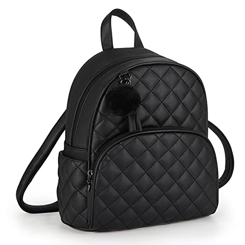 ECOSUSI Mini Backpack Women Leather Small Backpack Purse for Teen Girl Cute Pom Bookbag Travel Shoulder Bag with Charm Tassel (1-Black, for Tablet)