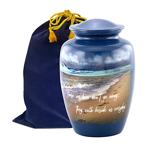 Footprints Urn, Footprints Cremation Urn for Ashes, Hand Painted Adult Beach Urn, Handmade Beach Cremation Urn with Velvet Bag (Large)