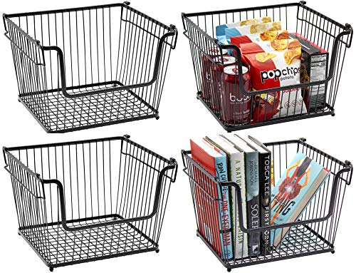 Sorbus Farmhouse Scoop Storage Bin Wire Baskets with Handles, Stackable Basket Set Organizers for Home-Kitchen Pantry-Bathroom, Laundry, Closet Organization, Iron Metal (4-Pack, Black)