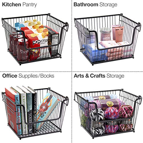 Sorbus Farmhouse Scoop Storage Bin Wire Baskets with Handles, Stackable Basket Set Organizers for Home-Kitchen Pantry-Bathroom, Laundry, Closet Organization, Iron Metal (4-Pack, Black)