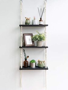 timeyard macrame shelf hanging shelves, wooden wall shelf with woven rope, black floating shelves storage organizer, 3 tier shelf boho decor for living room, bathroom, bedroom