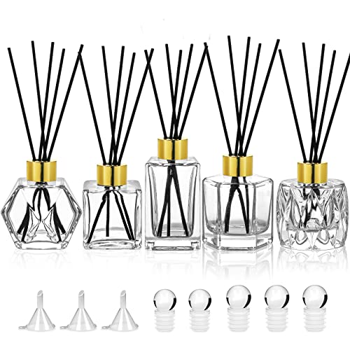 Diffuser Glass Bottles Set of 5 DIY Empty Clear Glass Fragrance Bottle with Gold Caps Reeds Sticks Vase Decorative Diffusers for Home Office Desk Decoration Wedding Replacement Girl Women