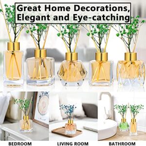 Diffuser Glass Bottles Set of 5 DIY Empty Clear Glass Fragrance Bottle with Gold Caps Reeds Sticks Vase Decorative Diffusers for Home Office Desk Decoration Wedding Replacement Girl Women