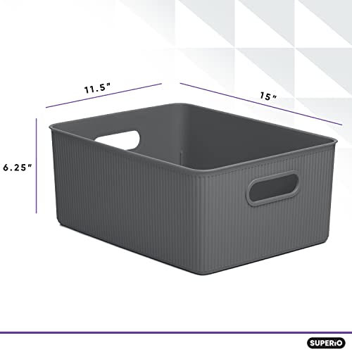 Superio Decorative Plastic Open Home Storage Bins Organizer Baskets, Large Grey (1 Pack) Container Boxes for Organizing Closet Shelves Drawer Shelf - Ribbed Collection 15 Liter/16 Quart