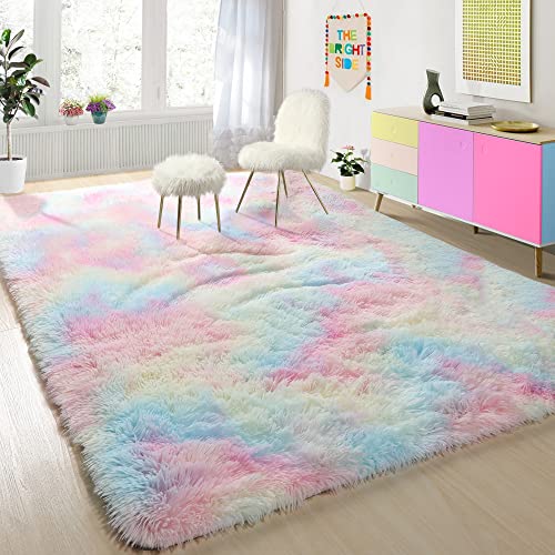 PAGISOFE Fluffy Soft Area Rug,Plush Rugs for Girls Bedroom,Shaggy Rugs for Kids Playroom,Kawaii Princess Rug,Fuzzy Rugs for Nursery Baby Toddler,Cute Clorful Room Decor for Teenage,4x6,Rainbow