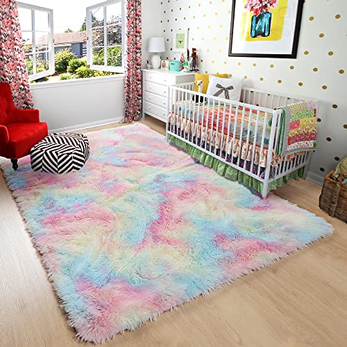 PAGISOFE Fluffy Soft Area Rug,Plush Rugs for Girls Bedroom,Shaggy Rugs for Kids Playroom,Kawaii Princess Rug,Fuzzy Rugs for Nursery Baby Toddler,Cute Clorful Room Decor for Teenage,4x6,Rainbow