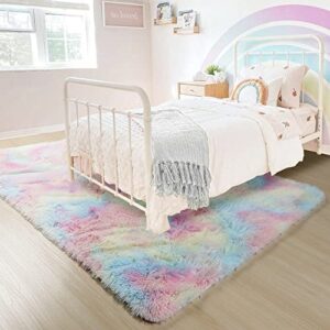 PAGISOFE Fluffy Soft Area Rug,Plush Rugs for Girls Bedroom,Shaggy Rugs for Kids Playroom,Kawaii Princess Rug,Fuzzy Rugs for Nursery Baby Toddler,Cute Clorful Room Decor for Teenage,4x6,Rainbow