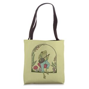 cottagecore aesthetic frog playing banjo on mushroom cute tote bag