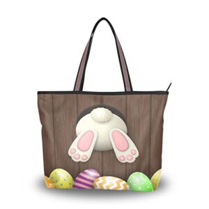 Tote Bag for Women Easter White Bunny Bottom Eggs On Wooden Large Utility Shoulder Handbag Top Handle