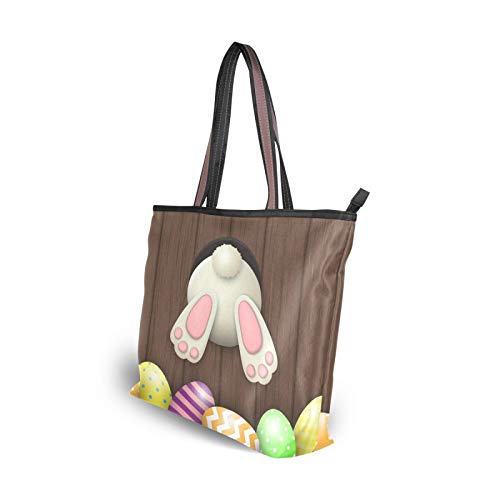 Tote Bag for Women Easter White Bunny Bottom Eggs On Wooden Large Utility Shoulder Handbag Top Handle