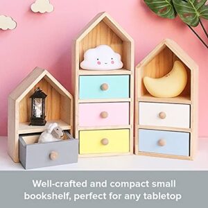 House Shaped Display Shelf with 2 Drawer - Wood Dresser Floating Shelf - Kids Bedroom Furniture - Desk Decor Book Shelf - Nursery Decor - Cute Storage Shelves for Bedroom - 1 Tier 7.9x1.8x11.4 in