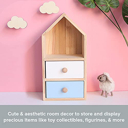 House Shaped Display Shelf with 2 Drawer - Wood Dresser Floating Shelf - Kids Bedroom Furniture - Desk Decor Book Shelf - Nursery Decor - Cute Storage Shelves for Bedroom - 1 Tier 7.9x1.8x11.4 in