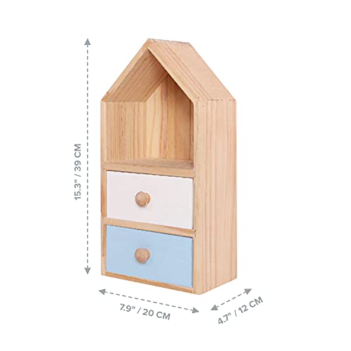 House Shaped Display Shelf with 2 Drawer - Wood Dresser Floating Shelf - Kids Bedroom Furniture - Desk Decor Book Shelf - Nursery Decor - Cute Storage Shelves for Bedroom - 1 Tier 7.9x1.8x11.4 in