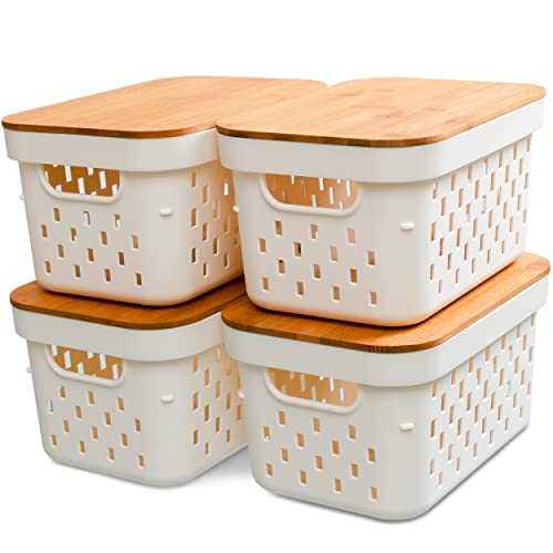 Citylife 4 PCS Storage Baskets with Bamboo Lids Plastic Baskets for Organizing Stackable Storage Bins with Handle for Shelves, 10.16 x 6.81 x 5.31 inch