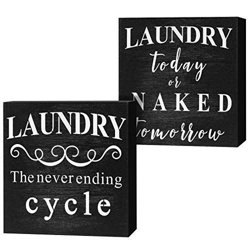 Yulejo 2 Pieces Farmhouse Laundry Room Decor and Accessories Laundry Box Sign Funny Laundry Room Signs Rustic The Never Ending Cycle Wood Box Sign for Home Bathroom Decoration, 6 x 6 Inch