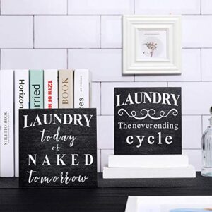 Yulejo 2 Pieces Farmhouse Laundry Room Decor and Accessories Laundry Box Sign Funny Laundry Room Signs Rustic The Never Ending Cycle Wood Box Sign for Home Bathroom Decoration, 6 x 6 Inch