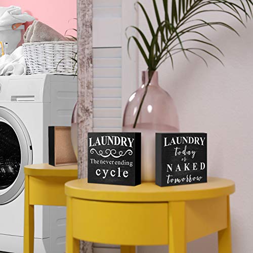 Yulejo 2 Pieces Farmhouse Laundry Room Decor and Accessories Laundry Box Sign Funny Laundry Room Signs Rustic The Never Ending Cycle Wood Box Sign for Home Bathroom Decoration, 6 x 6 Inch