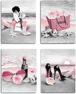 african american wall art black girl on the beach pink flowers, perfume handbags high heels modern black and white canvas prints framed wall decor for girls bedroom, set of 4. 8x10in unframed