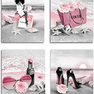 African American Wall Art Black Girl on The Beach Pink Flowers, Perfume Handbags High Heels Modern Black and White Canvas Prints Framed Wall Decor for Girls Bedroom, Set of 4. 8x10in UNFRAMED