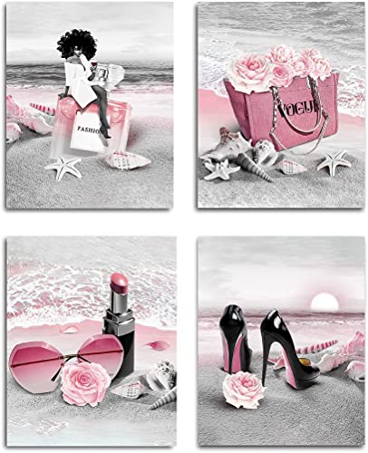 African American Wall Art Black Girl on The Beach Pink Flowers, Perfume Handbags High Heels Modern Black and White Canvas Prints Framed Wall Decor for Girls Bedroom, Set of 4. 8x10in UNFRAMED