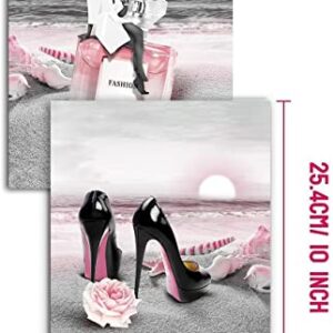 African American Wall Art Black Girl on The Beach Pink Flowers, Perfume Handbags High Heels Modern Black and White Canvas Prints Framed Wall Decor for Girls Bedroom, Set of 4. 8x10in UNFRAMED