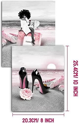 African American Wall Art Black Girl on The Beach Pink Flowers, Perfume Handbags High Heels Modern Black and White Canvas Prints Framed Wall Decor for Girls Bedroom, Set of 4. 8x10in UNFRAMED