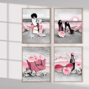 African American Wall Art Black Girl on The Beach Pink Flowers, Perfume Handbags High Heels Modern Black and White Canvas Prints Framed Wall Decor for Girls Bedroom, Set of 4. 8x10in UNFRAMED