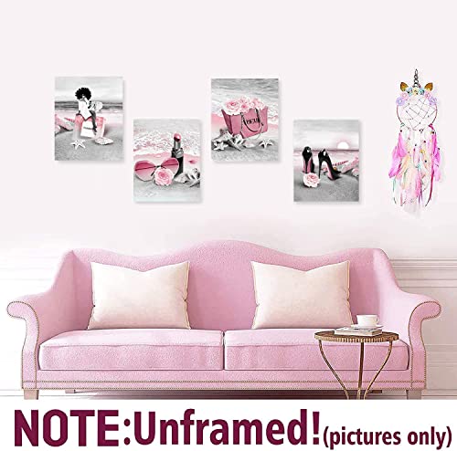 African American Wall Art Black Girl on The Beach Pink Flowers, Perfume Handbags High Heels Modern Black and White Canvas Prints Framed Wall Decor for Girls Bedroom, Set of 4. 8x10in UNFRAMED